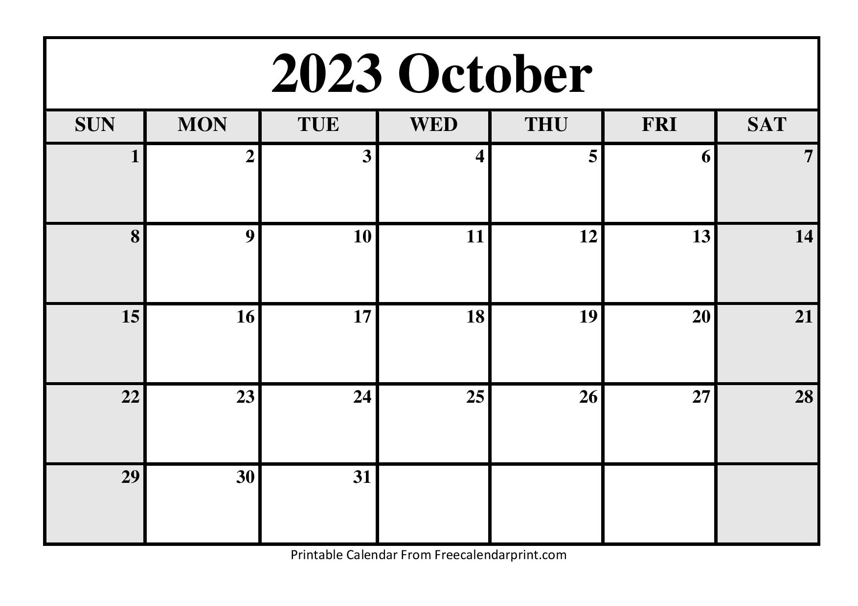 October 2023 Calendar Printable PDF Template