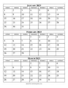 January February March 2023 Calendar Printable