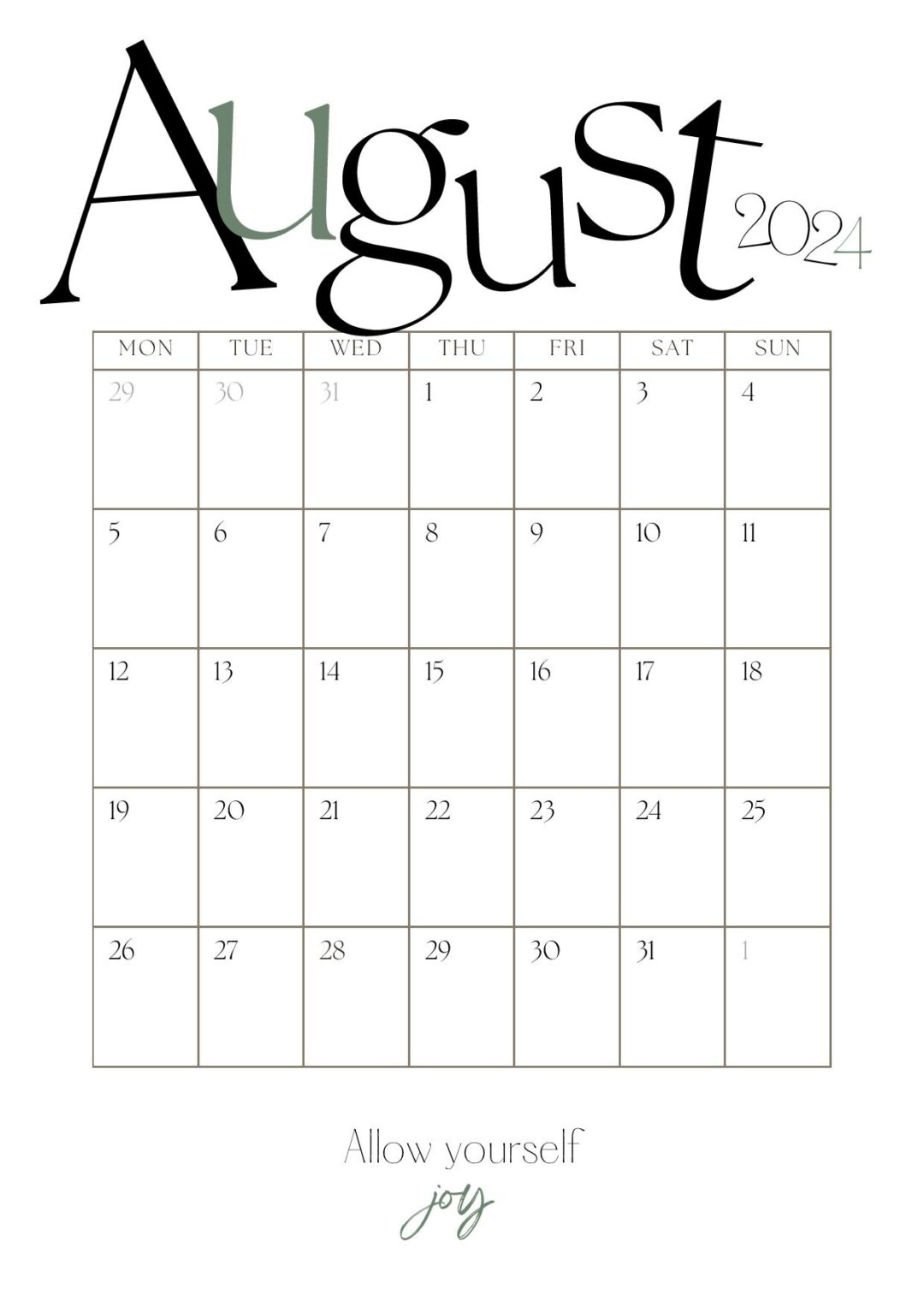 Free Printable August 2024 Calendar PDF Templates