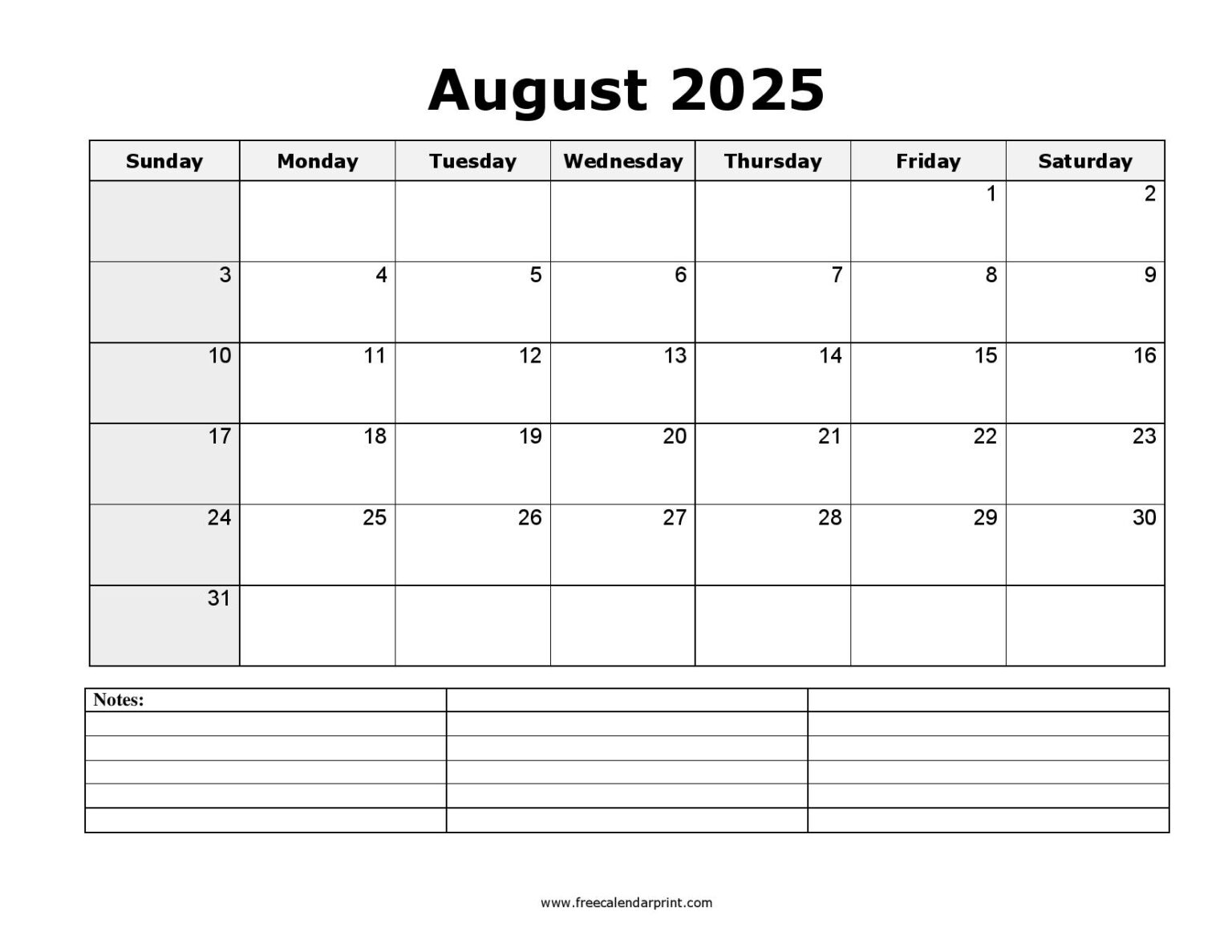 August 2025 Calendar Printable PDF Template