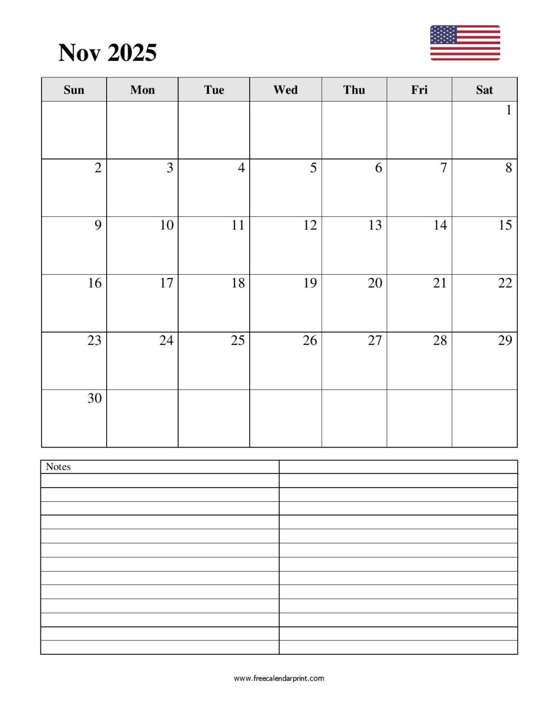 November 2025 Calendar Printable PDF Template